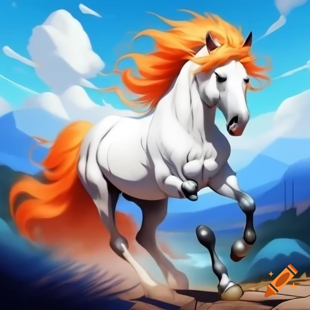 Roaring white stallion with orange mane in a blue landscape on Craiyon