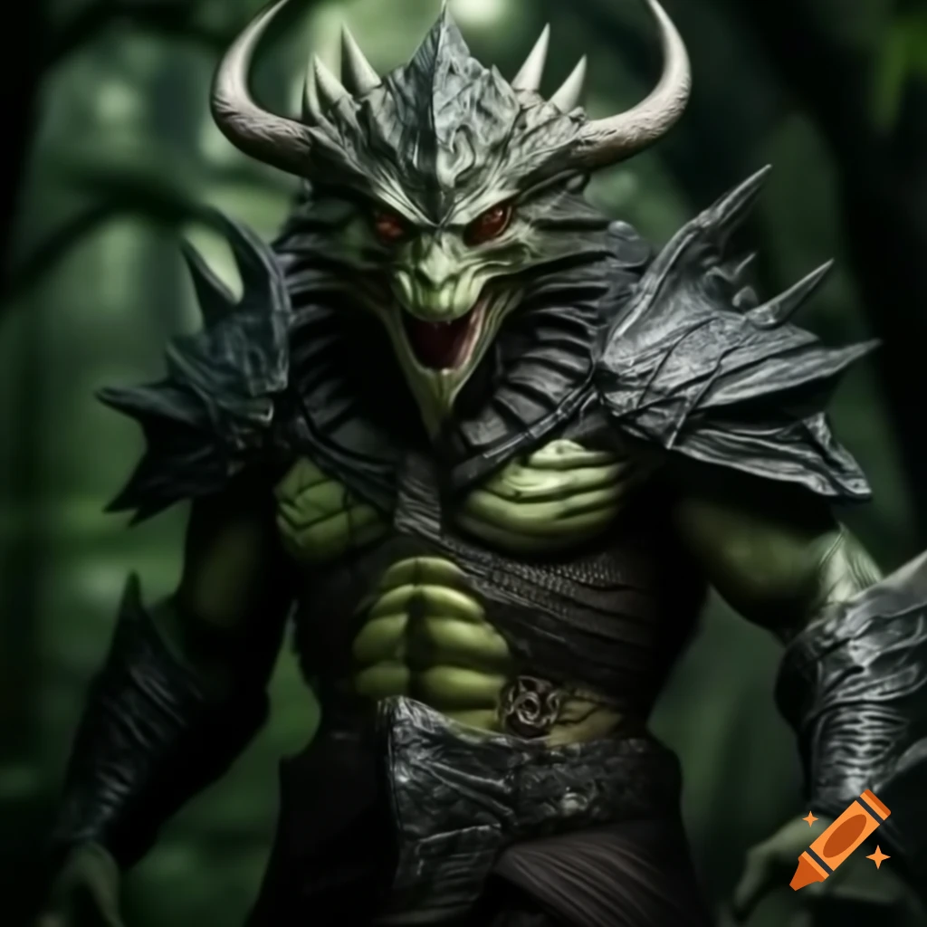 Serpentine dragon-kin warrior in black scaled armor in shadowy forest ...