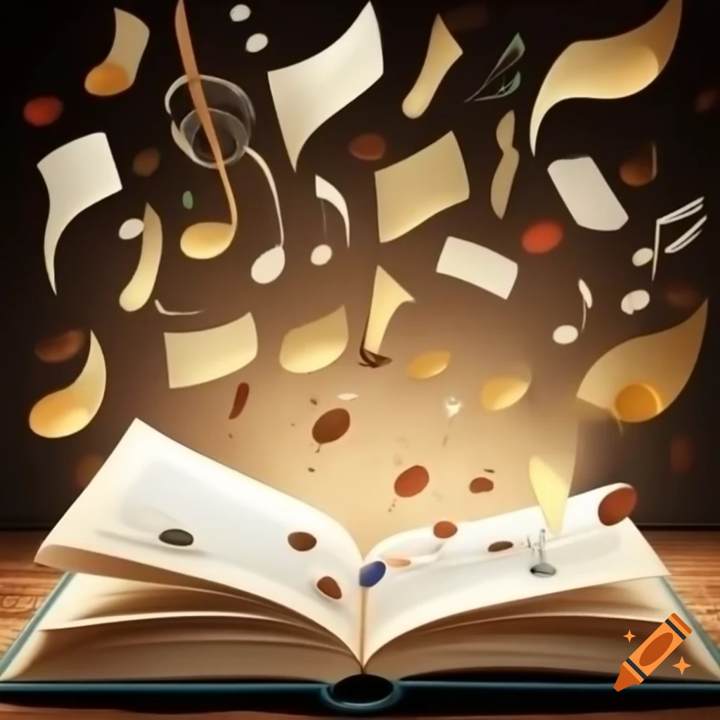 Open book with musical notes emerging on Craiyon