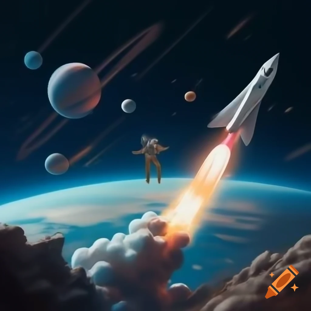 Lone spaceman riding rocket in space with prism-shaped planets, 80s ...