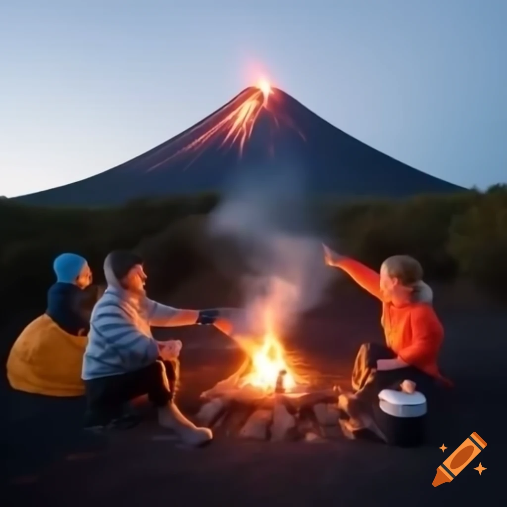 Family camping at base of volcano, kids roasting marshmallows by ...