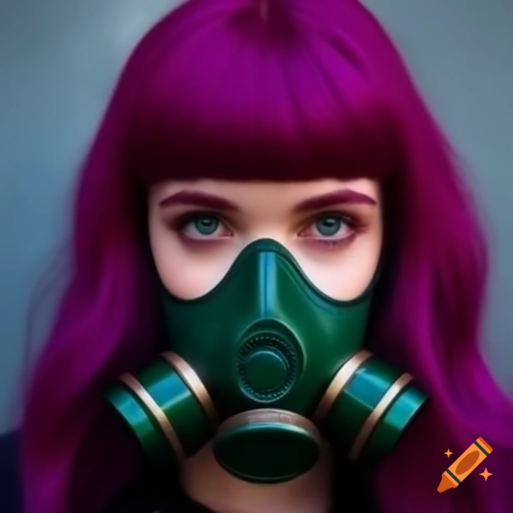 Magenta haired woman in dark green vintage gas mask on Craiyon