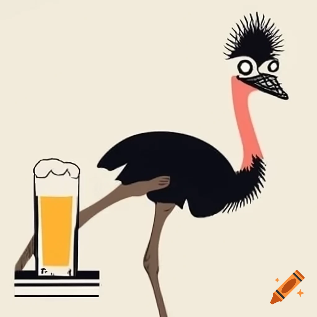 Stylized emu drinking beer, bold minimalist illustration on Craiyon