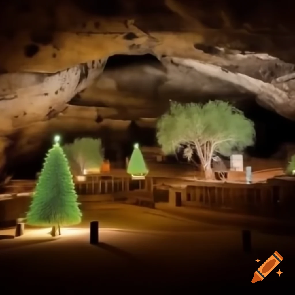 Christmas scene of cave entrance in bethlehem guarded by majestic trees ...