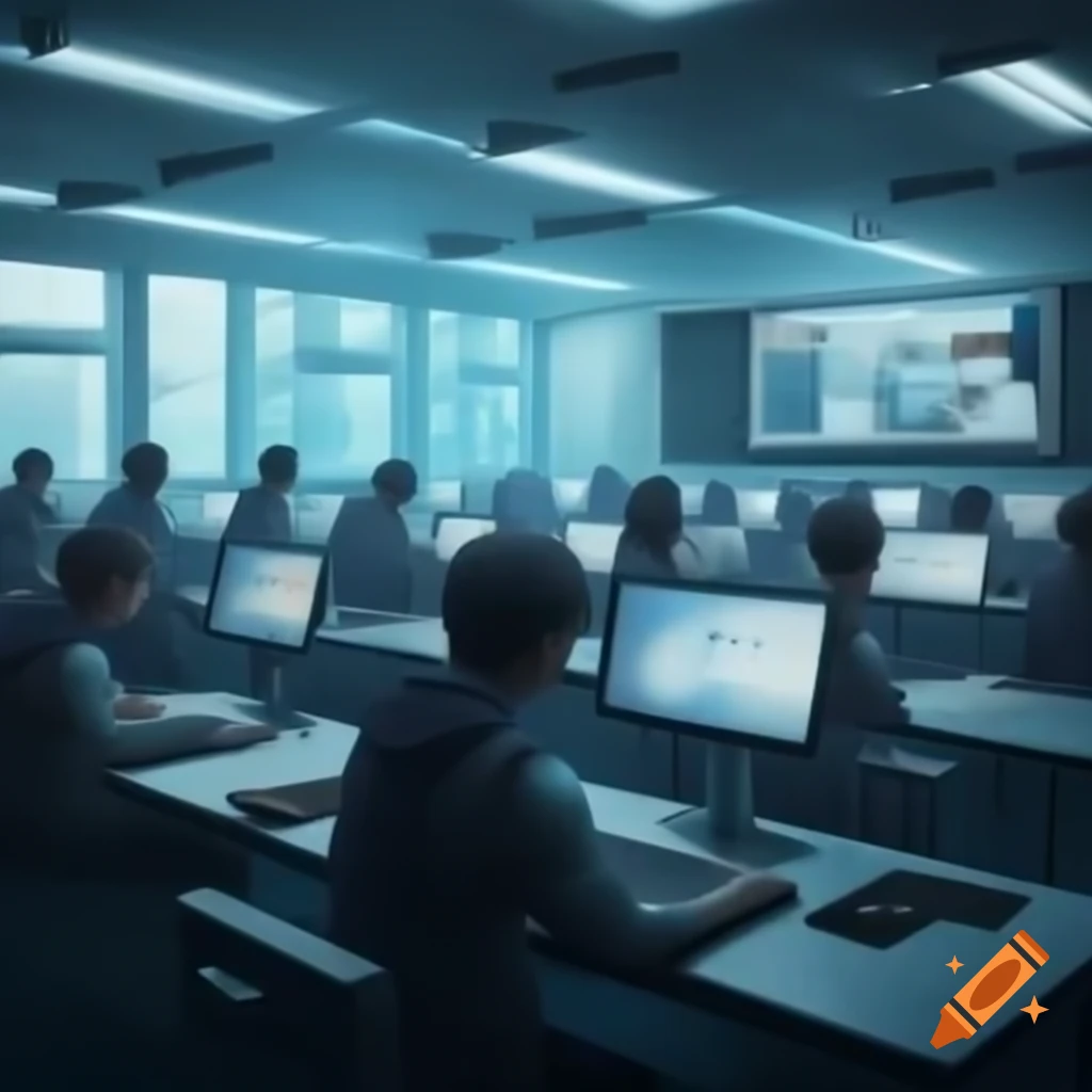 Futuristic classroom with students using tablets and interactive whiteboard on Craiyon