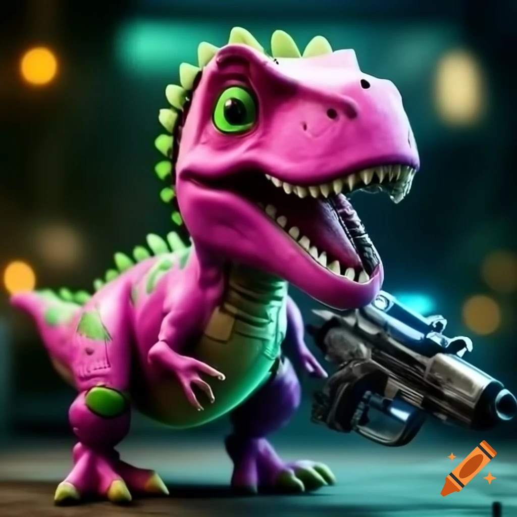 Realistic tyrannosaurus rex in pink astronaut suit aiming futuristic ...