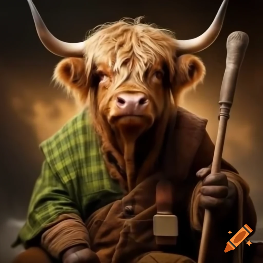 Highland cow minotaur monk in green plaid robe with staff on Craiyon
