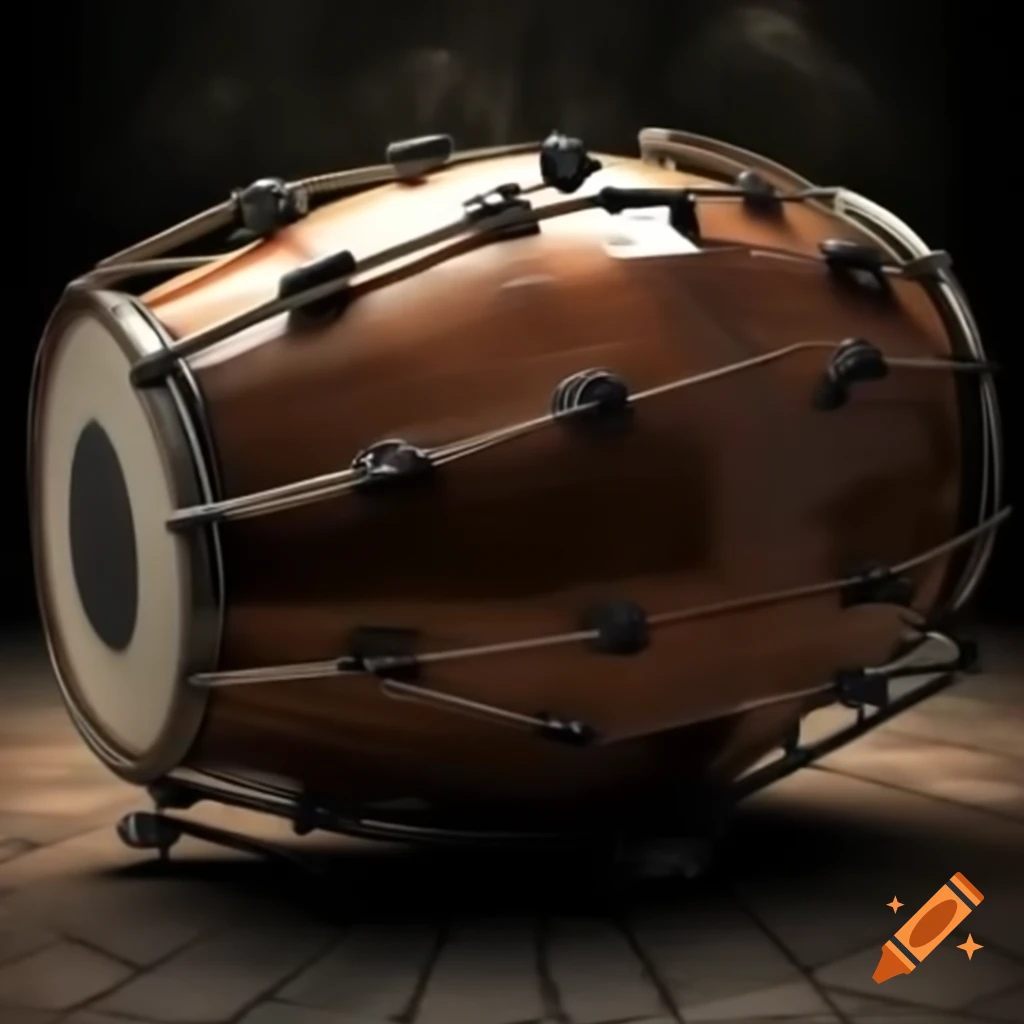 Large 3d dark brown indian dhol displayed upright on Craiyon