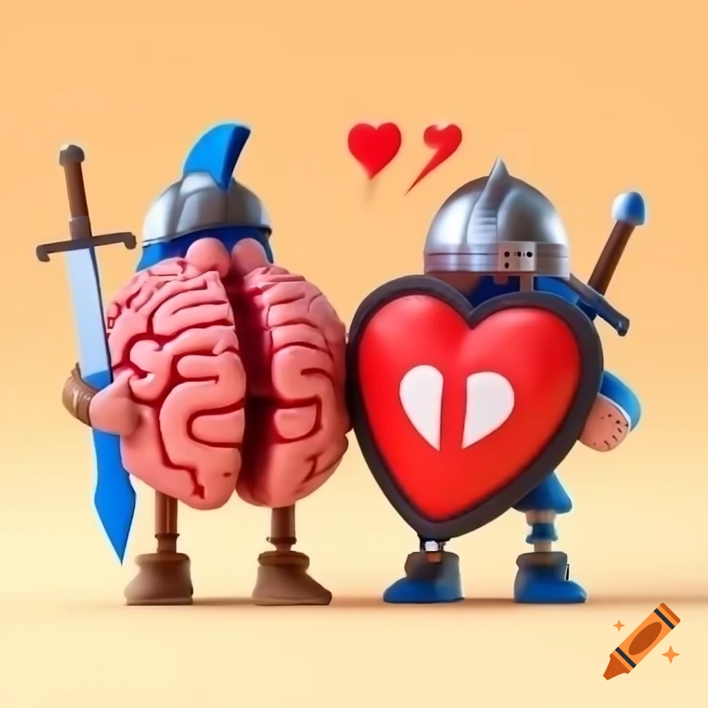 Concept of warrior brain with shield and warrior heart with sword on Craiyon