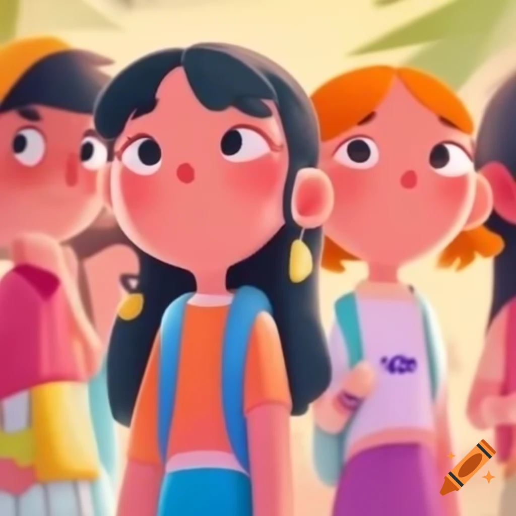 Crowd of people near cartoon illustrations of girls on Craiyon