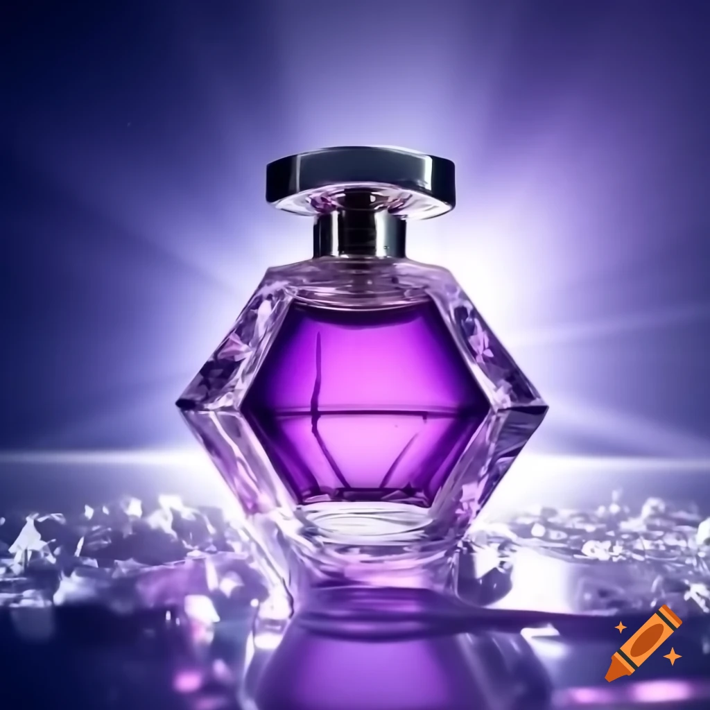 Sparkling diamond-shaped perfume bottle with violet liquid and silver ...