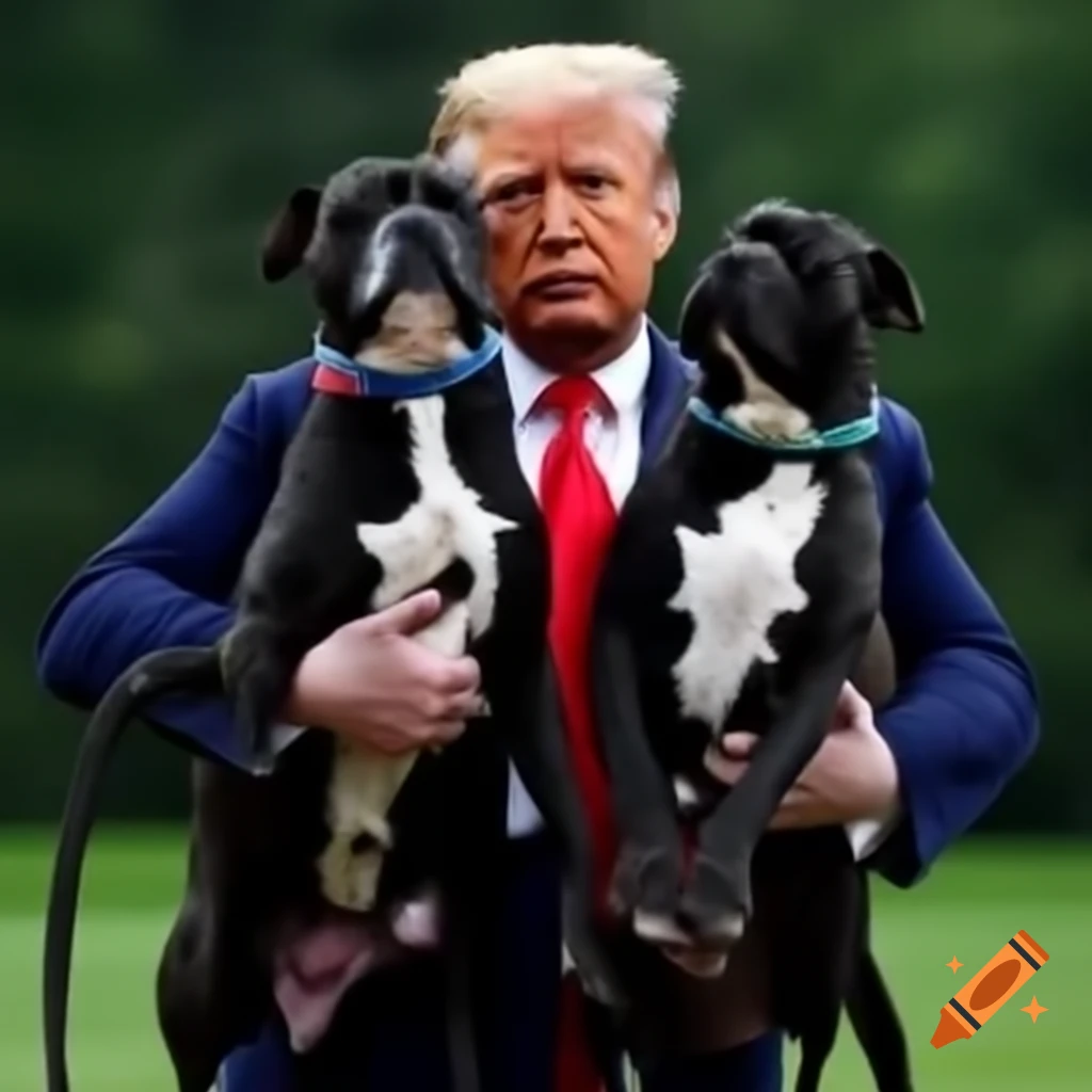 Donald trump with five pit bulls on leashes on Craiyon