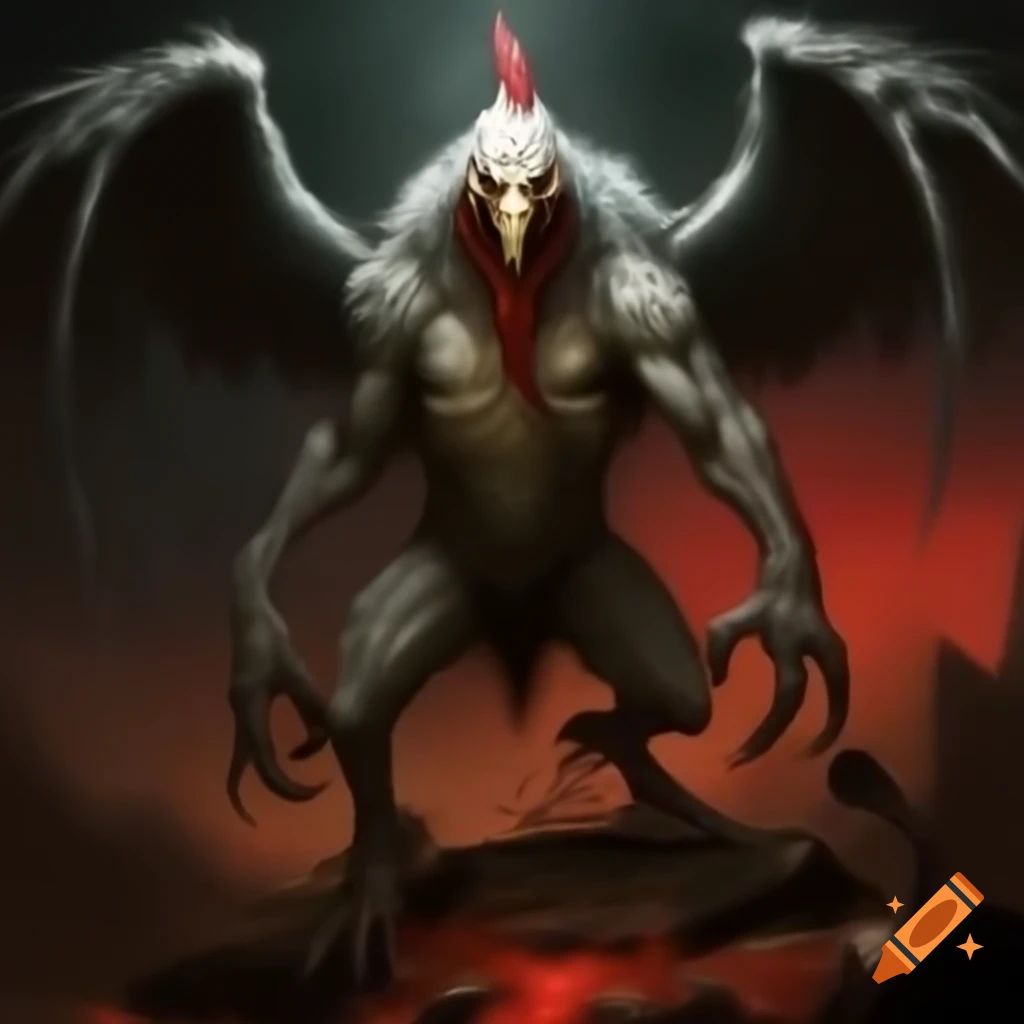 Hybrid creature with rooster body and scorpion features, exuding danger ...