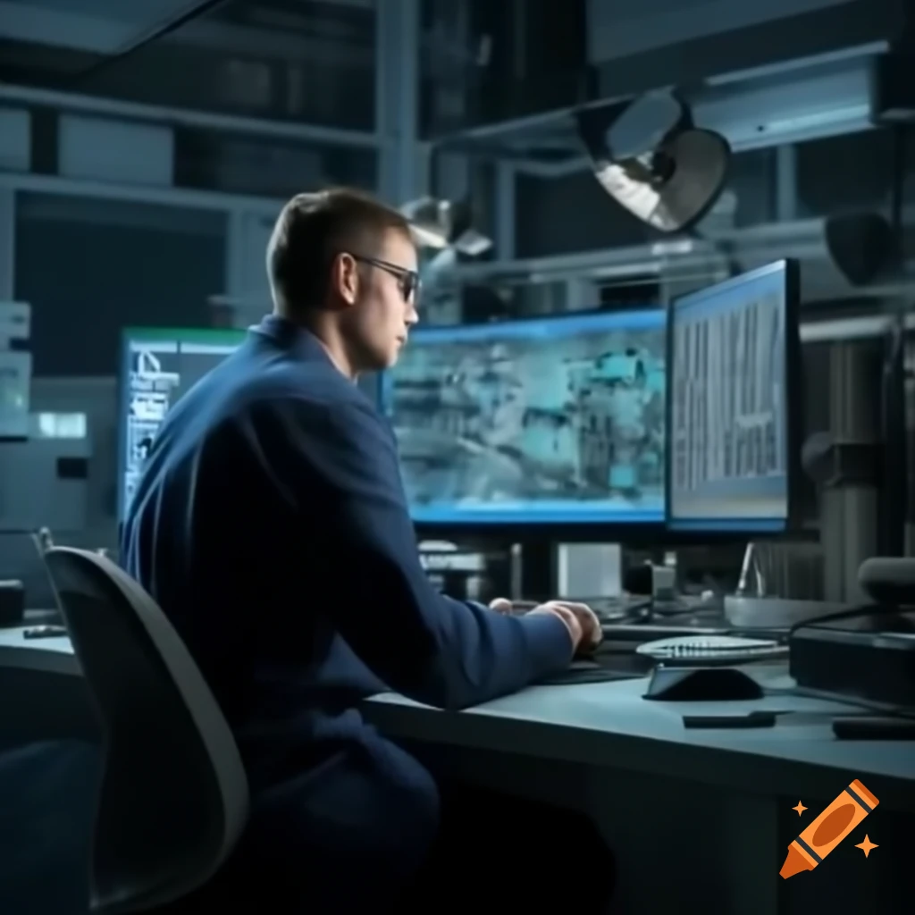 Male hardware engineer working with computer displays and circuit ...