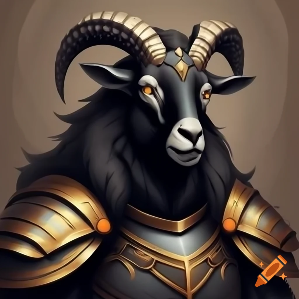 Black fur goatman paladin wearing heavy golden plate armor on Craiyon