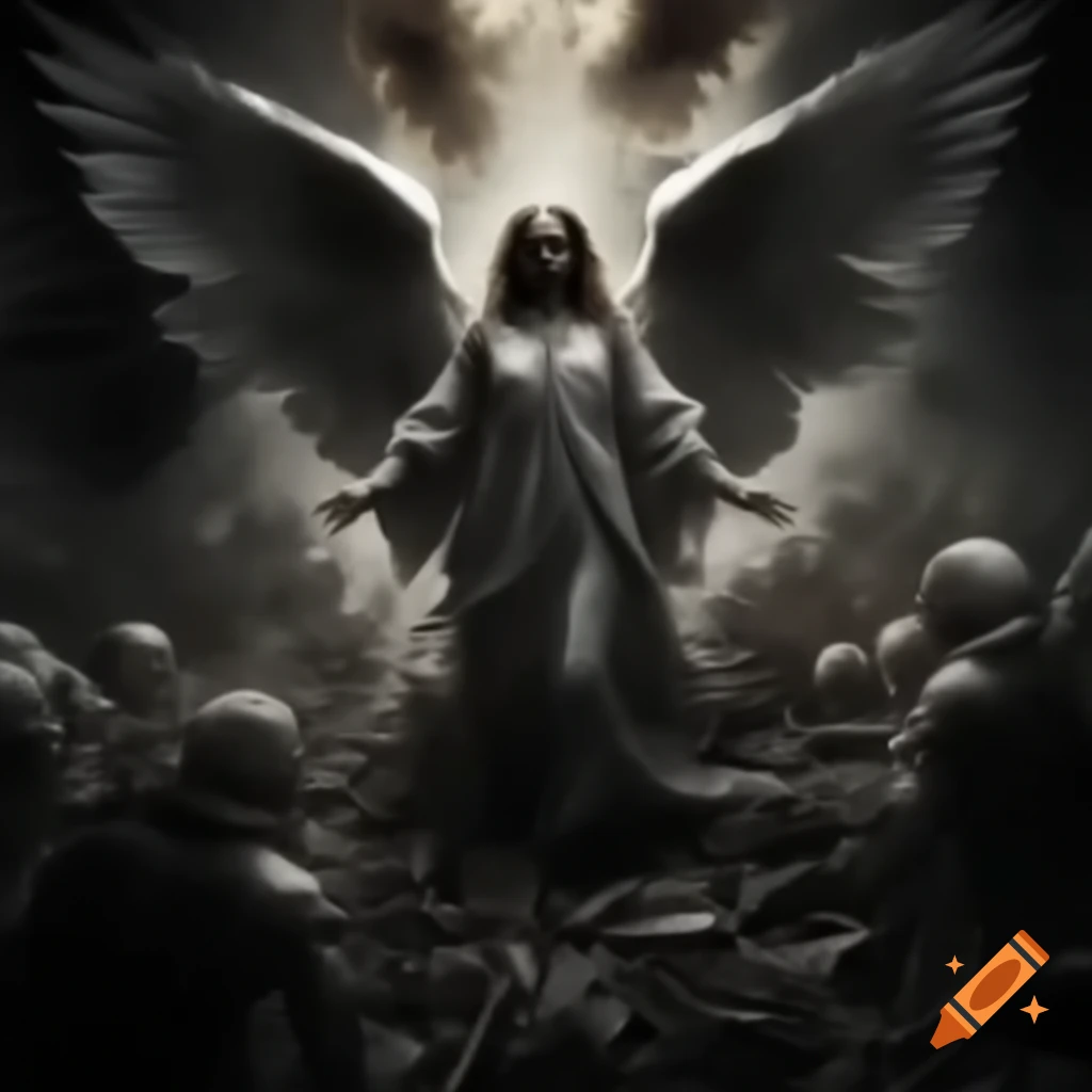 Stencil of fallen angel with wings outstretched in a poignant pose on ...