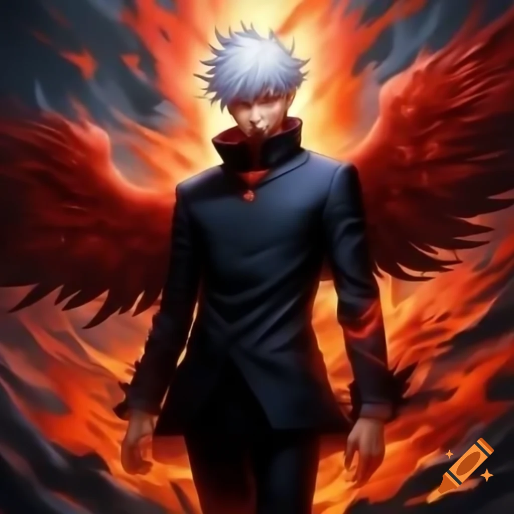 Gojo Satoru surrounded by a majestic phoenix with fiery plumage on Craiyon