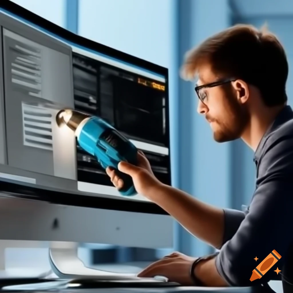 Developer using an angle grinder on monitor to remove button on Craiyon