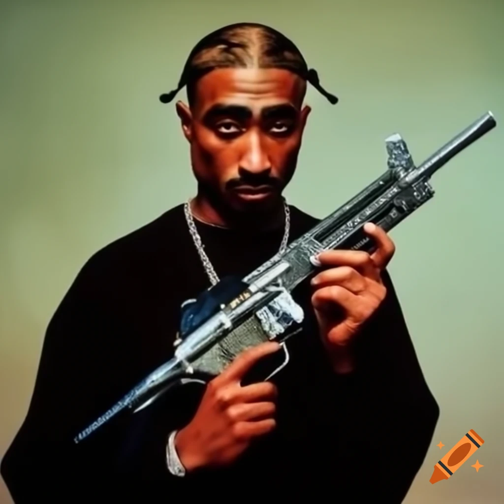 Tupac with gun, portraying a strong and iconic figure on Craiyon