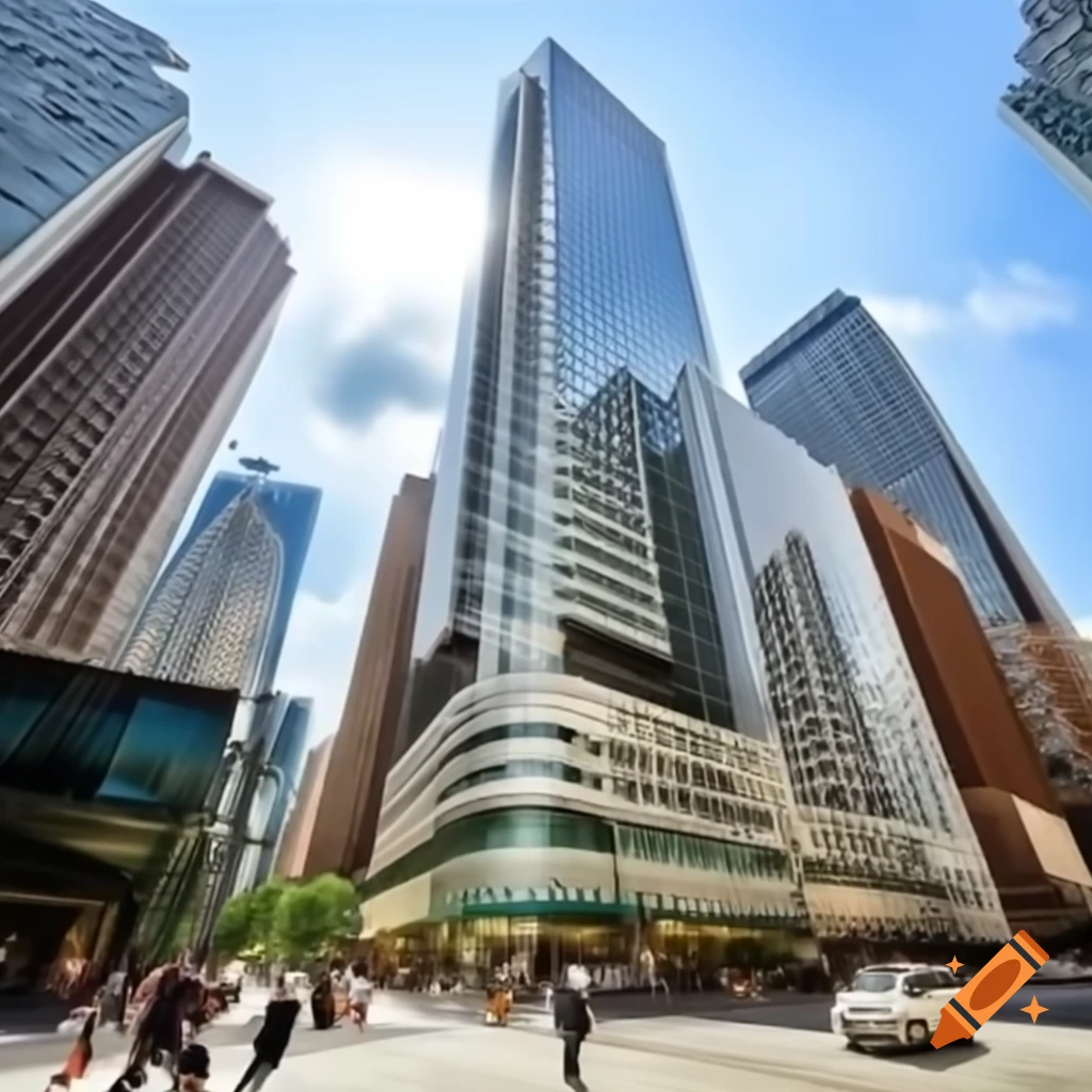 Modern city business and shopping district with skyscrapers and busy ...