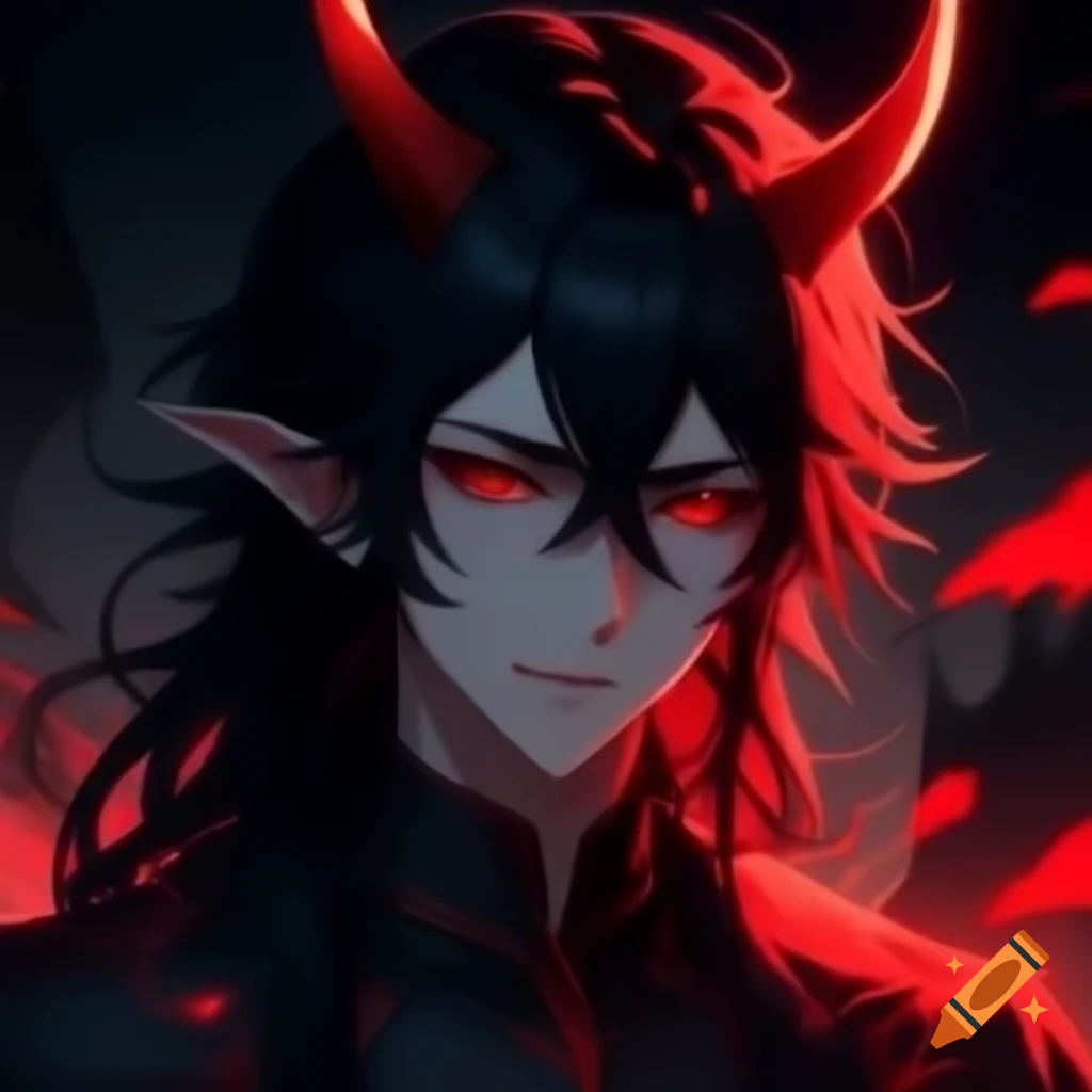 Handsome anime demon with horns and long dark hair under red light on ...