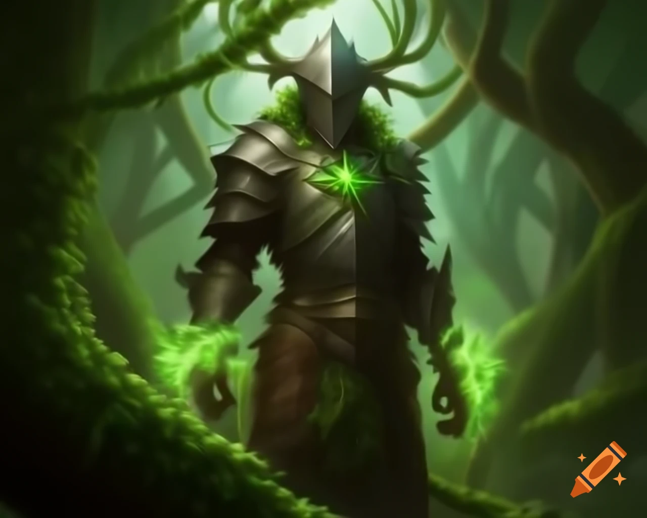 Knight in natural armor made of branches and vines standing in lush ...