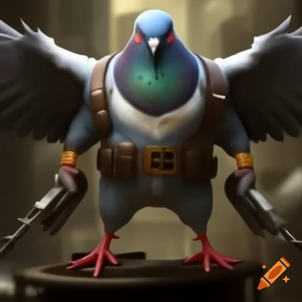 Muscular cyclops pigeon with large feet and miniature machine guns on ...