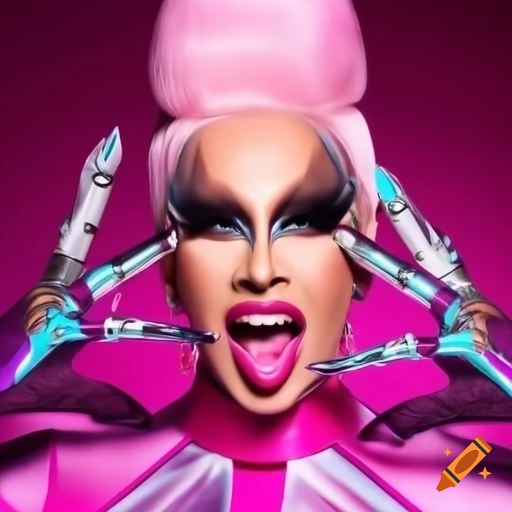 Futuristic pink bodysuit with holographic accents worn by drag queen ...