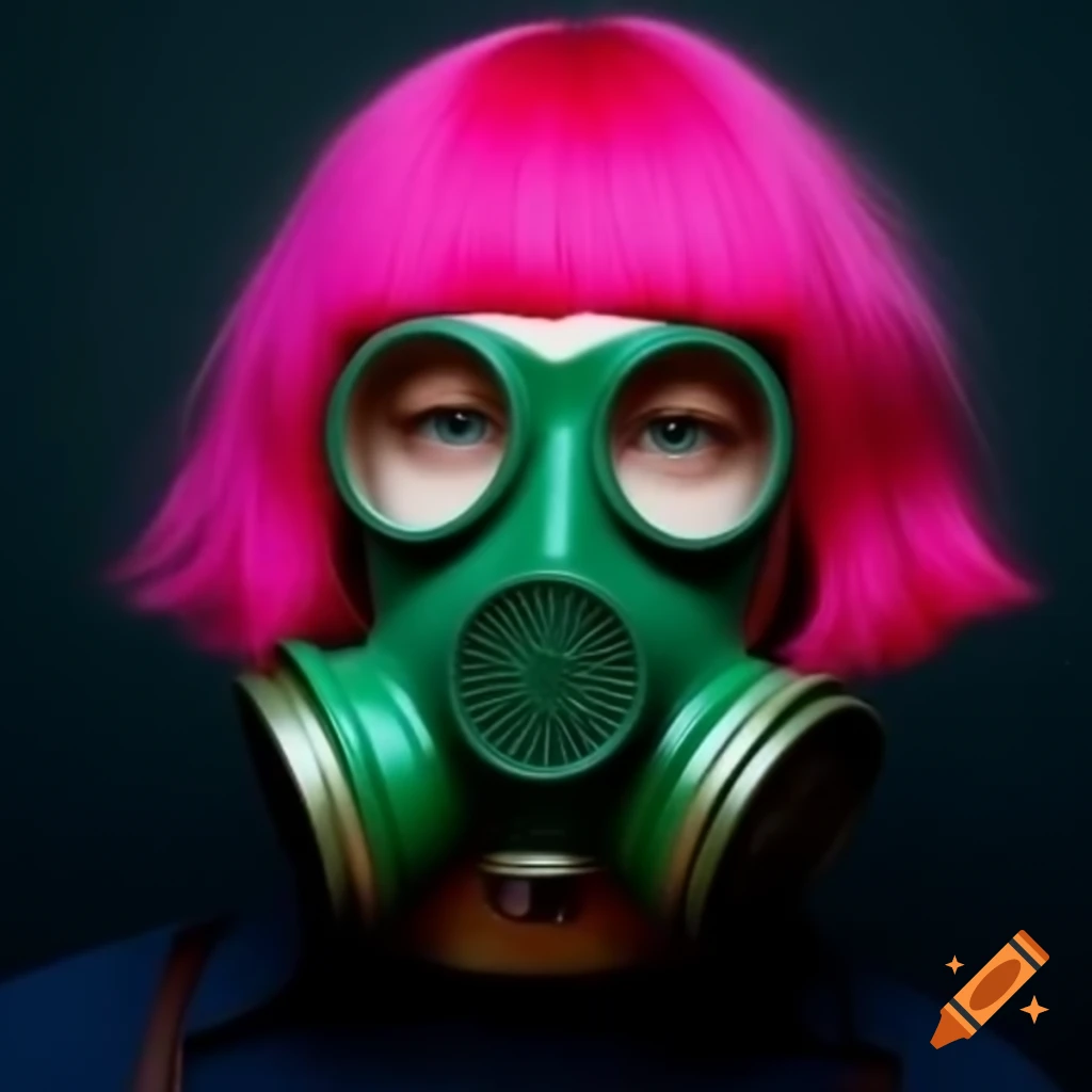 Model with pink hair wearing dark green vintage gas mask on Craiyon