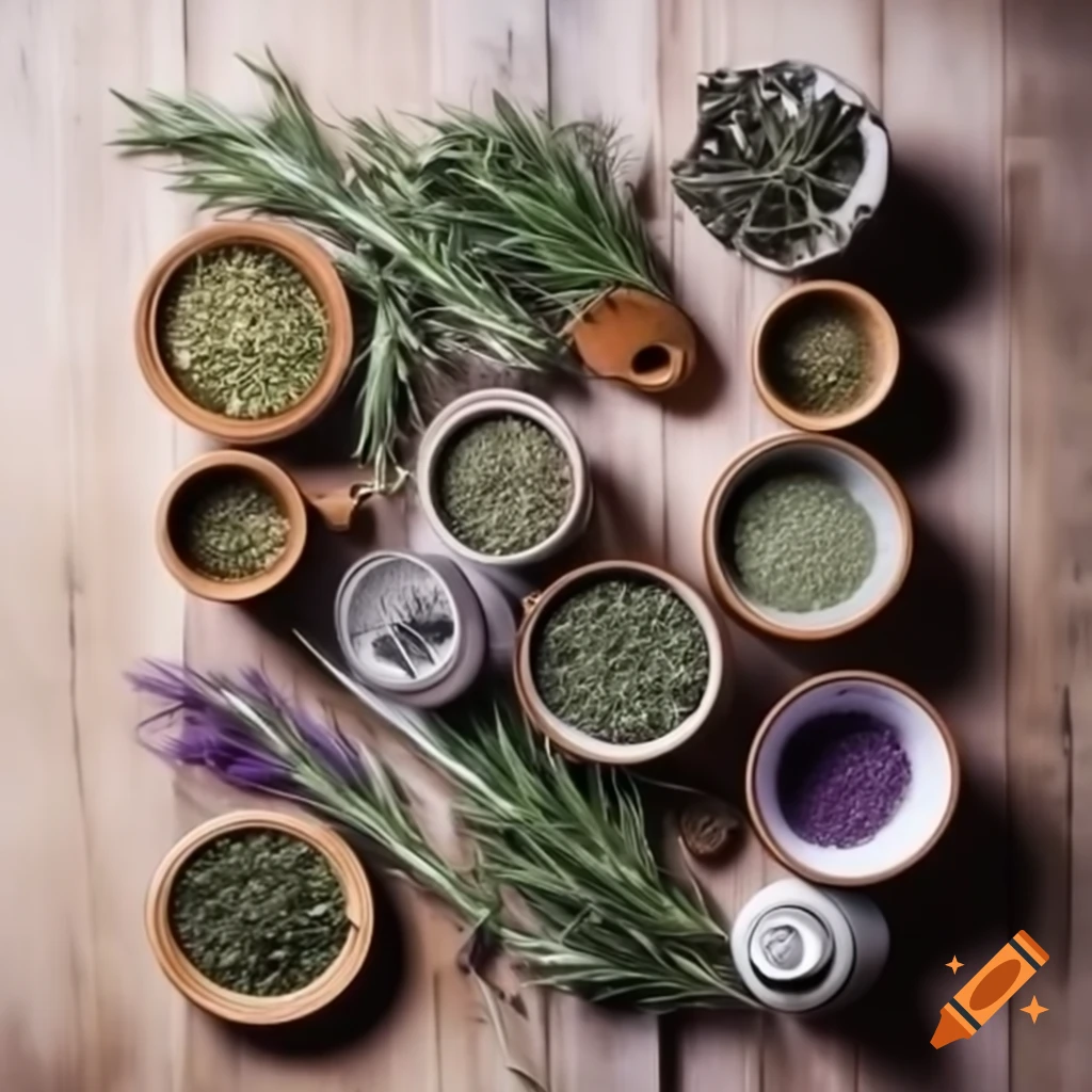 Flat-lay of fresh herbs and rustic wooden table setting on Craiyon