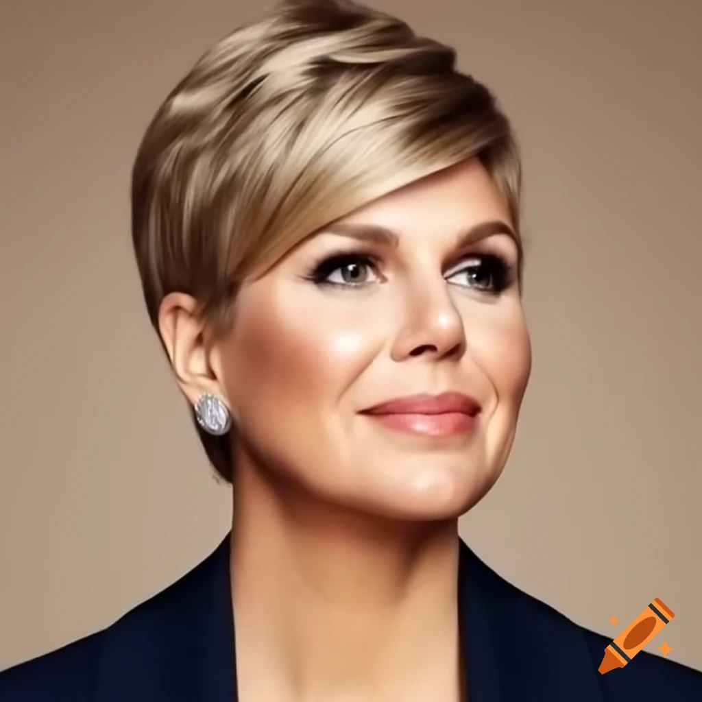 Queen maxima showcasing chic pixie cut highlighting her features on Craiyon