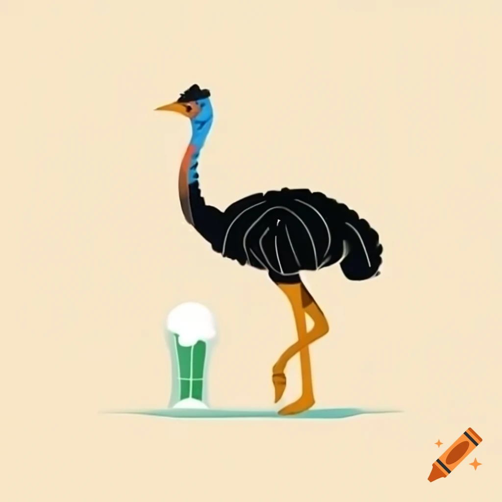 Stylized emu drinking beer, bold minimalist illustration on Craiyon