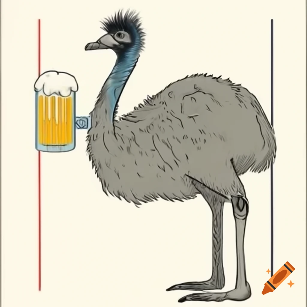 Stylized illustration of an emu drinking beer in minimalist style on ...