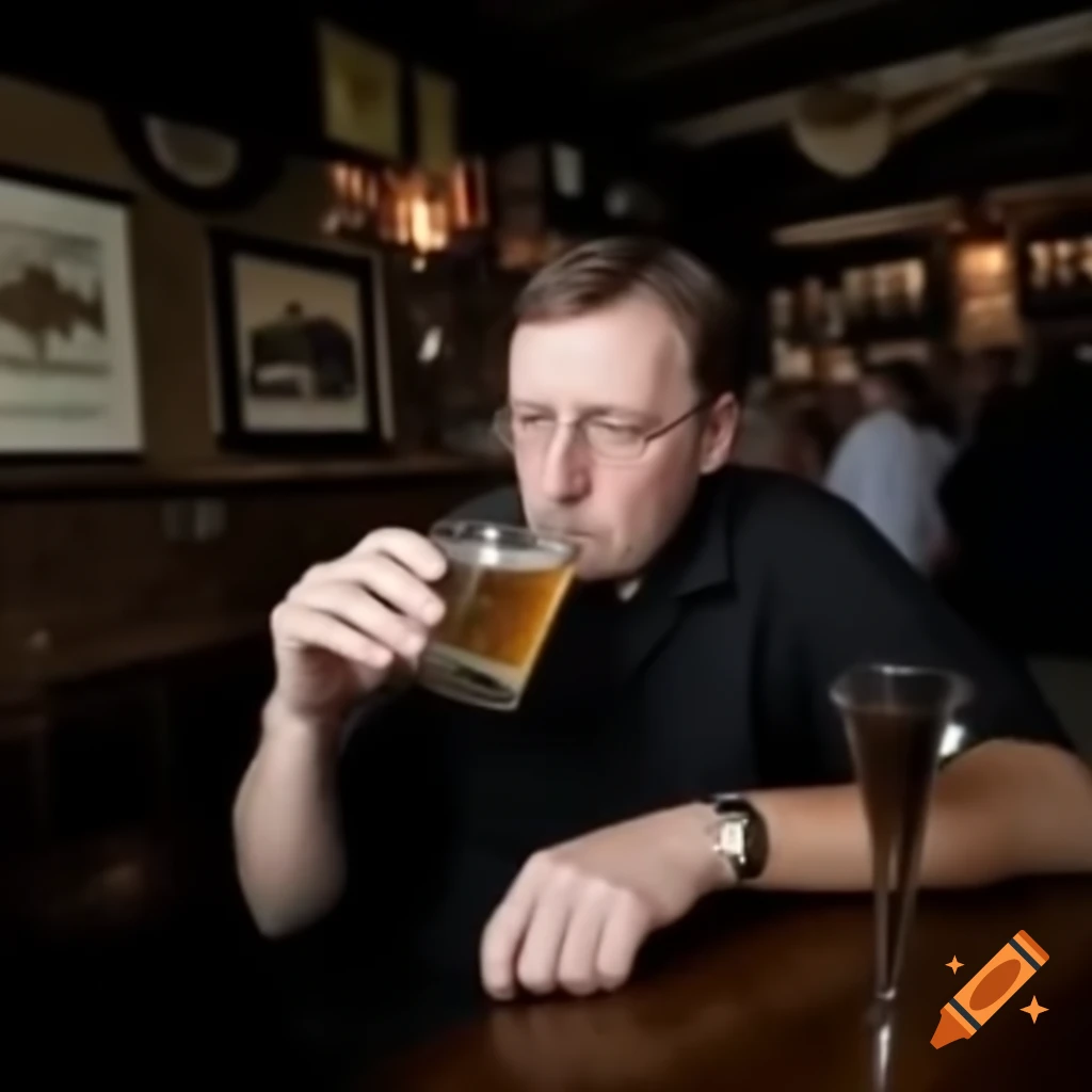 Priest socializing at local pub bar on Craiyon