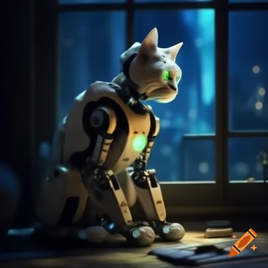 Robotic feline by 50th-floor window with city lights at midnight on Craiyon