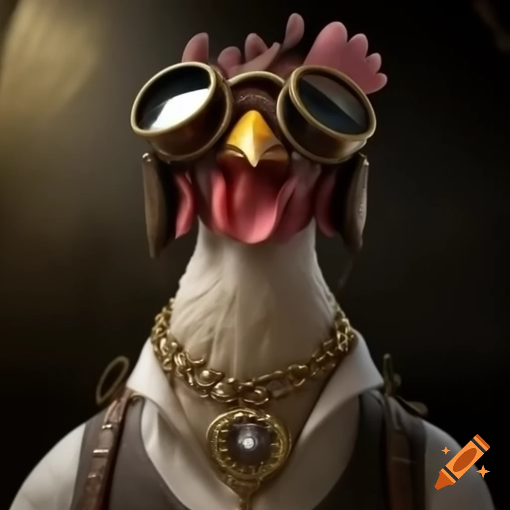 Stylized chicken in Ghibli-steampunk art wearing jewelry and sunglasses ...