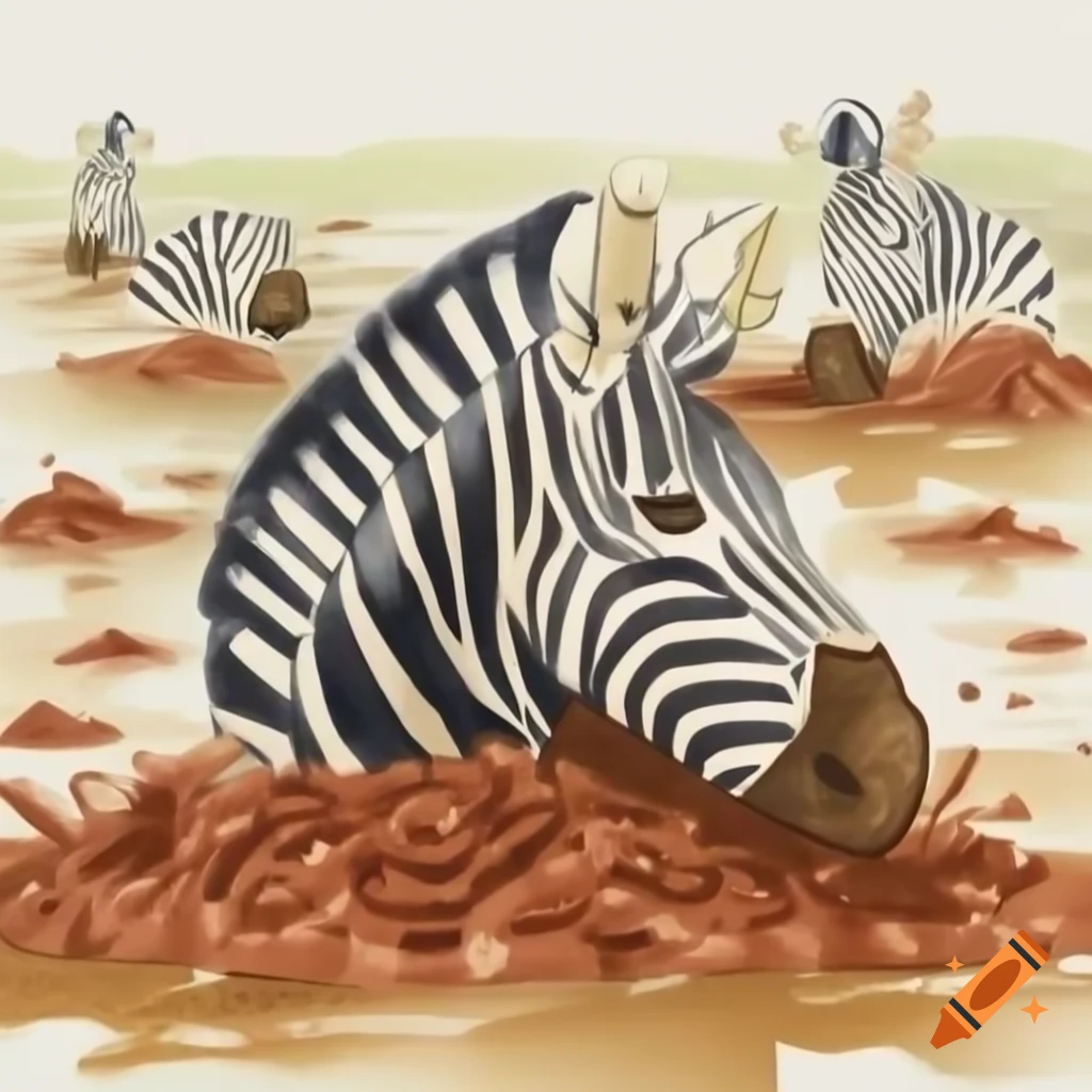Closeup of sad zebra head covered in mud, sinking into a muddy heap, 2D ...