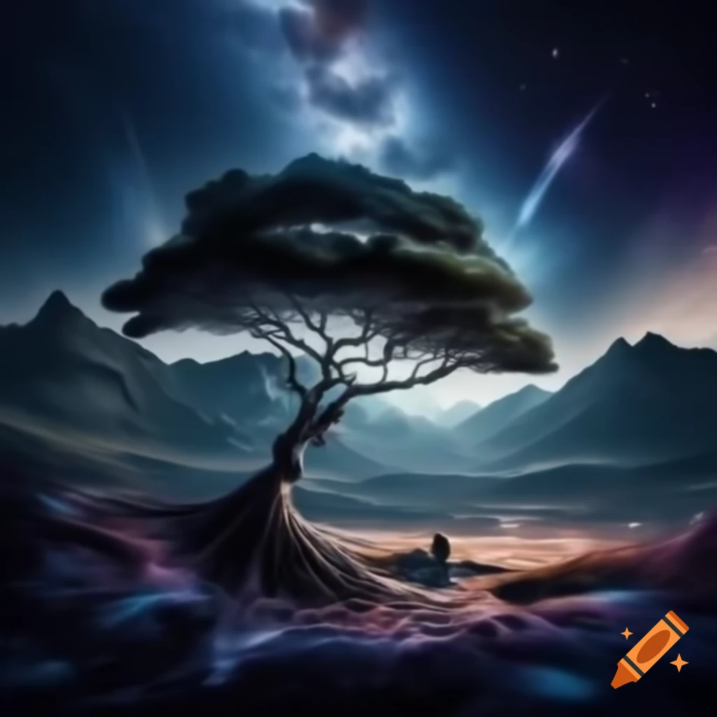 Person relaxing under tree with colorful galaxies and high mountains at ...