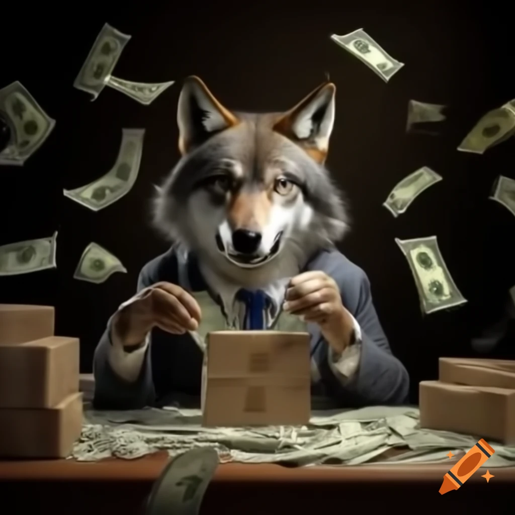 Animated wolf dressed as a businessman counting money with packages on ...