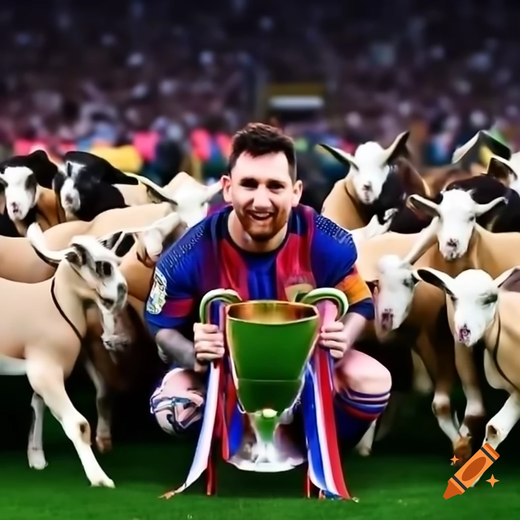 Lionel messi among goats with football trophies on Craiyon