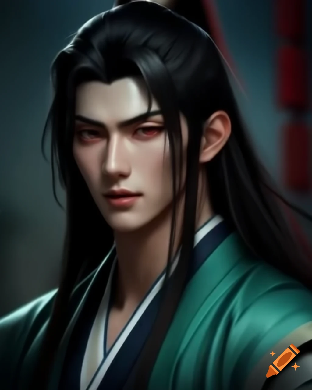 Wuxia warrior with alluring features and long dark brown hair on Craiyon