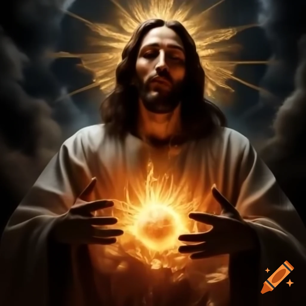 Celestial scene with Jesus Christ cradling Earth in space, surrounded ...