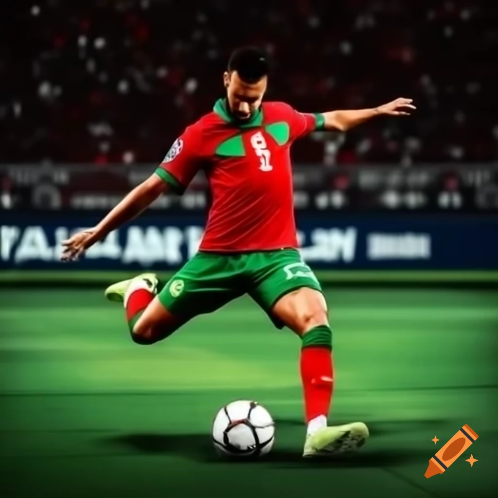 Moroccan football player in red and green kit on pitch at night, number ...