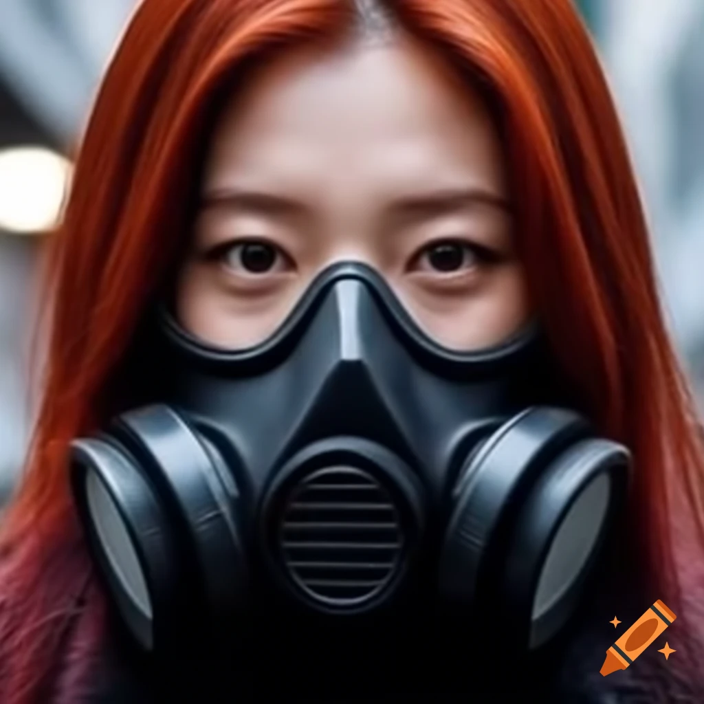 Red haired Asian woman wearing black full-face gas mask on Craiyon