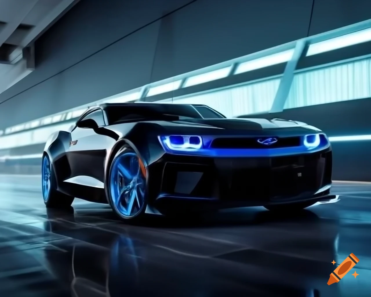 Futuristic black Camaro with blue flames in cinematic city setting on ...