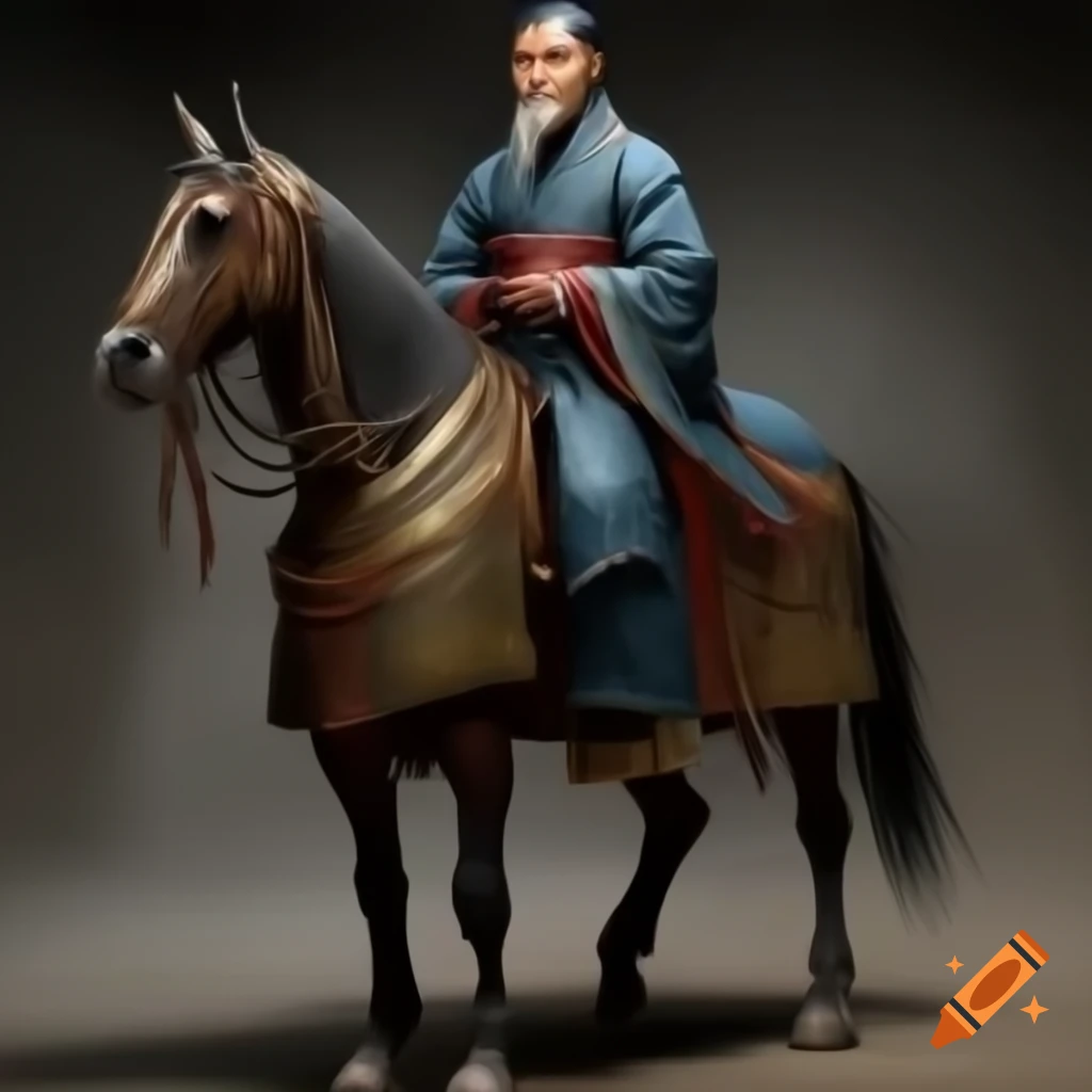 Confucian man on horseback in formal religious clothing, realistic ...