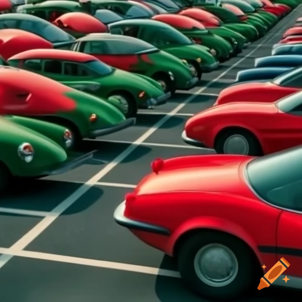 Vibrant insect-shaped cars in whimsical parking lot on Craiyon