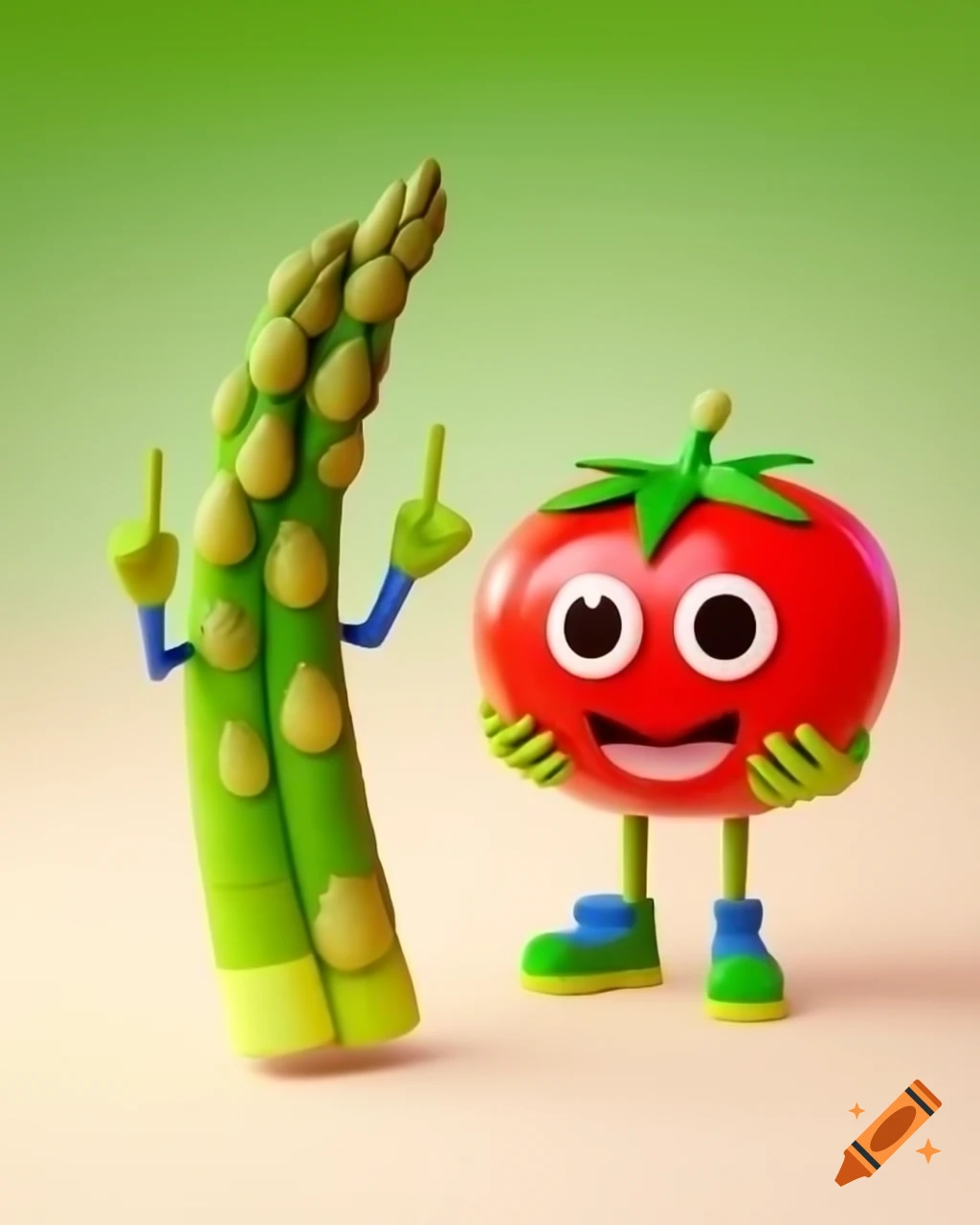 Asparagus and tomato characters in funny costumes, 3D comic photorealistic style on Craiyon