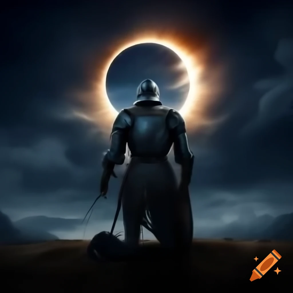 Knight kneeling before eclipse with split sky and burning ground on Craiyon