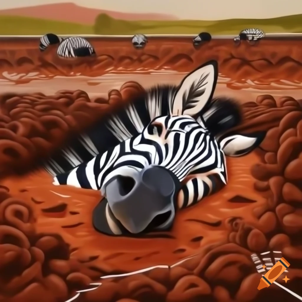 Closeup of sad zebra head covered in mud, sinking into a muddy heap, 2D ...